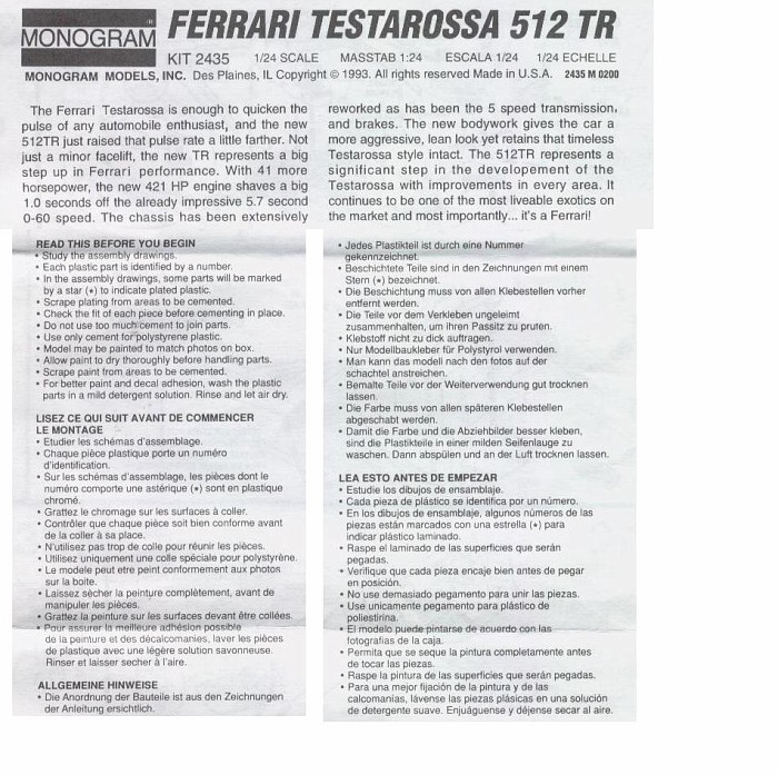 Monogram #2435-2910 Ferrari Testarossa 512TR Instruction Sheets album ...